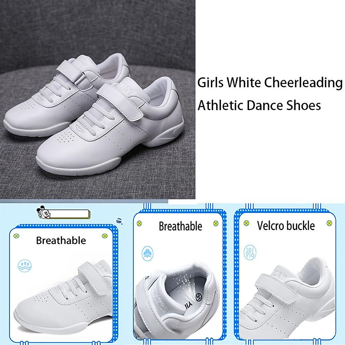 MEESLGOO Girls White Cheerleading Dance Shoes Youth Athletic Training Tennis Walking Competition White Sneakers Girls (White,US 2.5 Little Kid