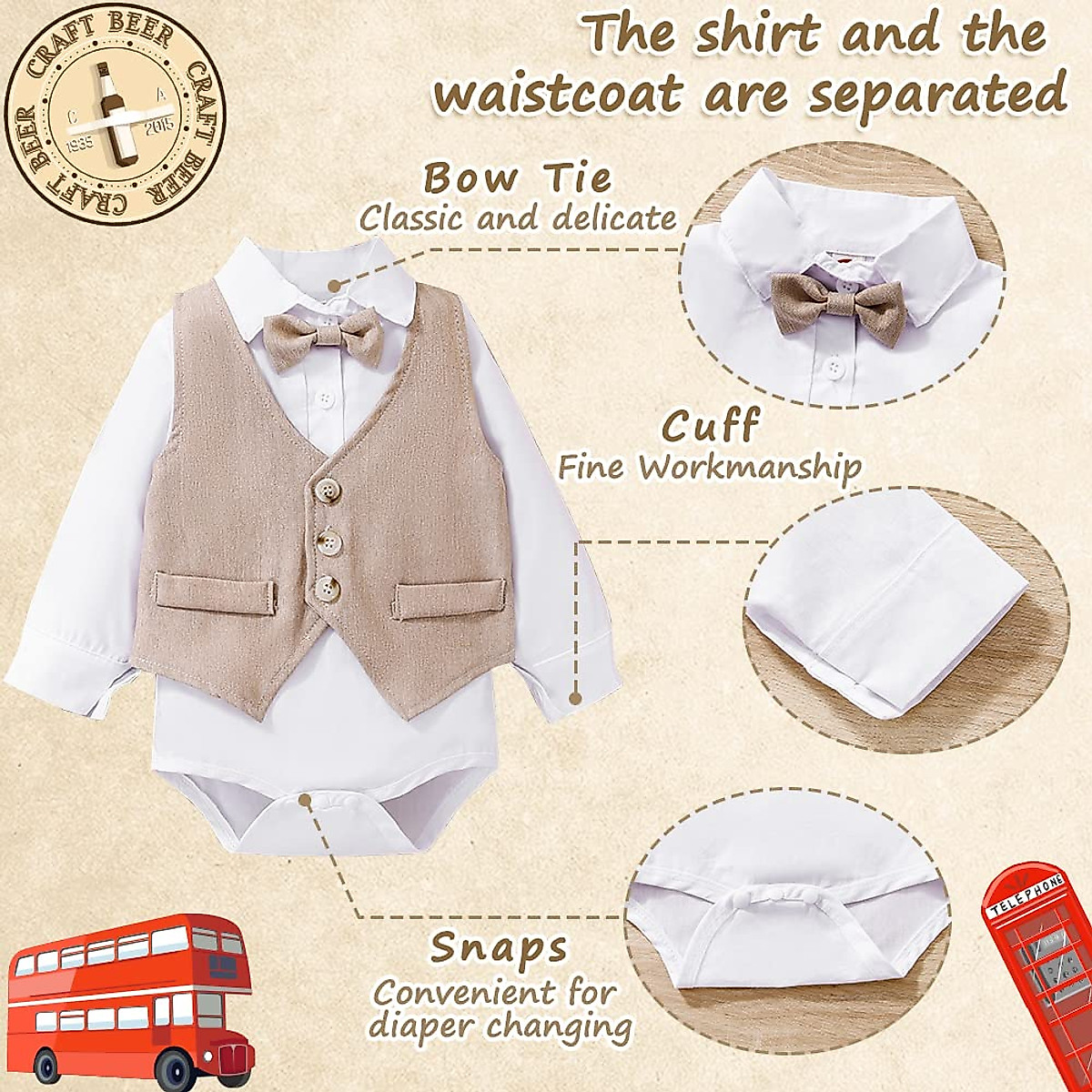 XIFAMNIY Baby Boys Gentleman Outfit 4Pcs Pants and Top Sets Newborn Long Sleeve Romper+ Hat + Vestcoat + Bow Tie 3-24M