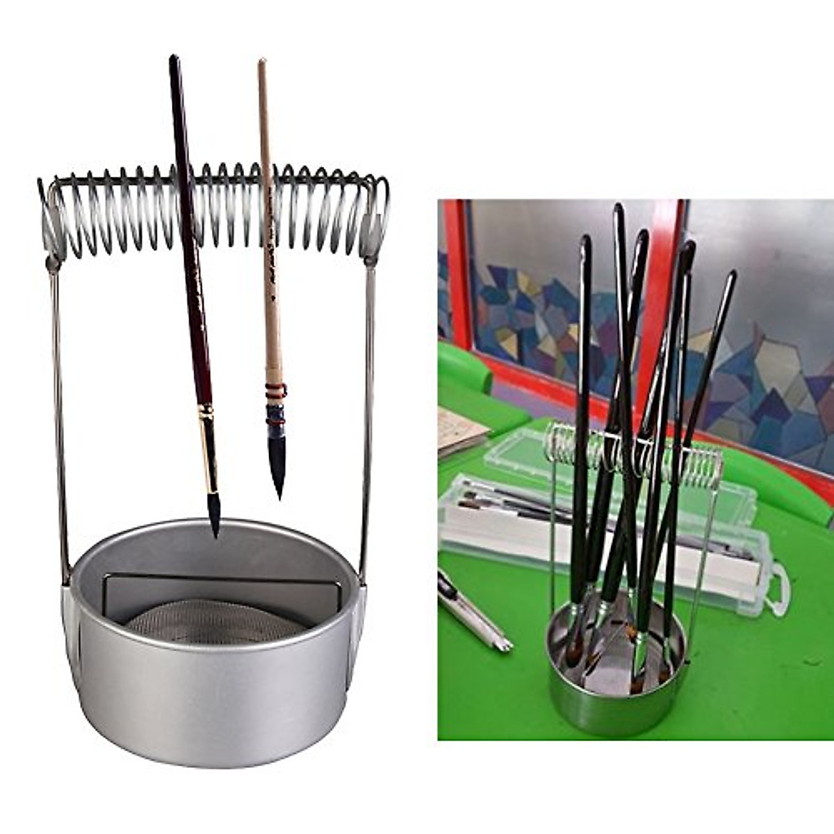 Paint Brush Basin with Brush Organizer, Multifunction Stainless Steel Art Brush Washer Cleaner with Screen and Holder Spring Desk Stand Organizer Holding Rack for Paint Brushes Cleaning and Drying