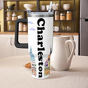 Vehcimbev City Themed Tumbler - 40oz With Hanld Stainless Steel Travel Coffee Mug with Leak Proof Lid - Hot/Cold Drinks,Perfect Charleston Souvenir Gift (Charleston)