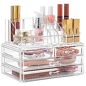 HBlife Acrylic Clear Dustproof Makeup Storage Organizer Drawers Large Skin Care Cosmetic Display Cases for Bathroom Stackable Storage Box with 4 Drawers for Vanity (Clear)