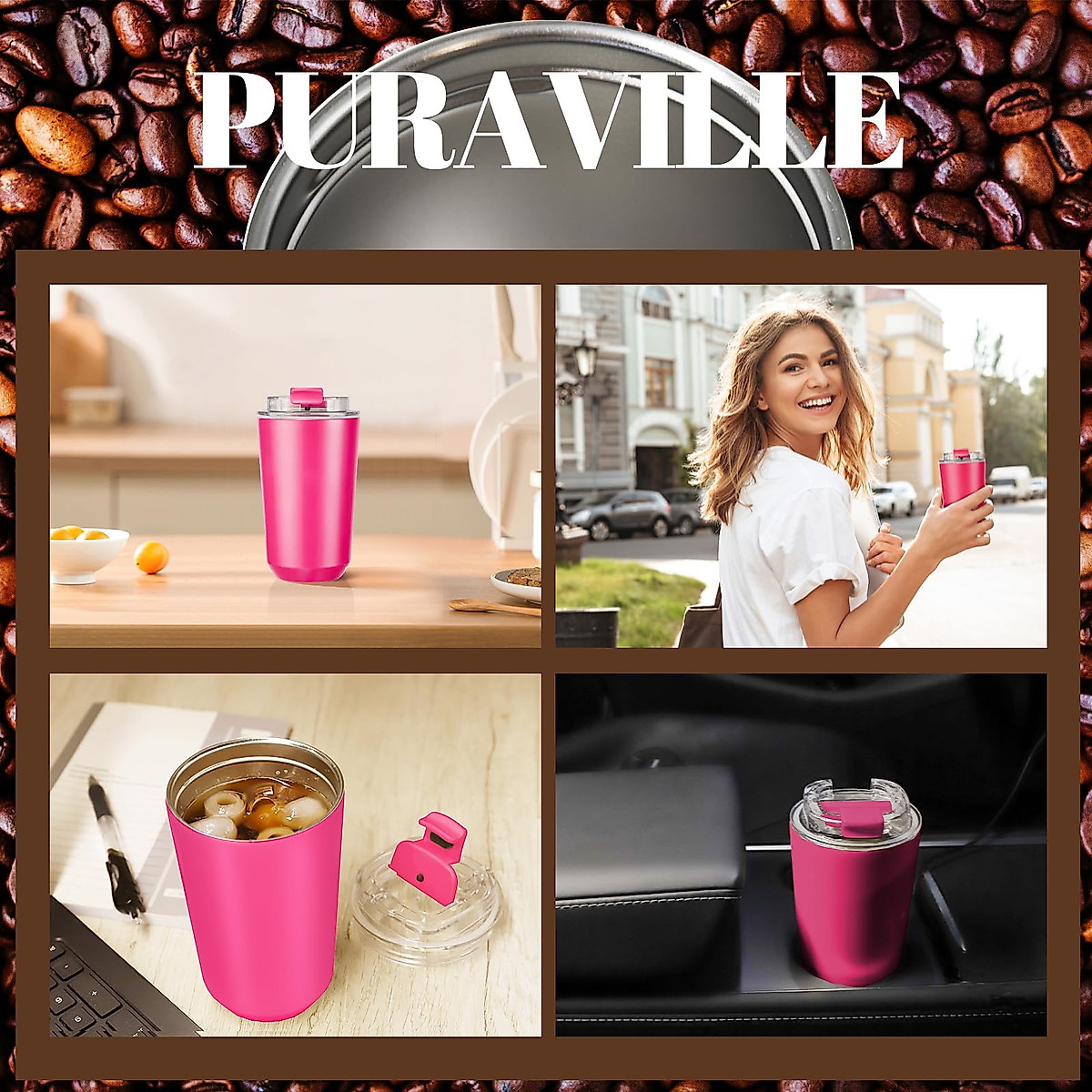 Puraville Insulated Tumblers with Lid, 14 oz Travel Coffee Mug Stainless Steel Vacuum Cup, Leak Proof Reusable Double Walled Coffee Tumbler for Iced and Hot Drinks, Fuchsia