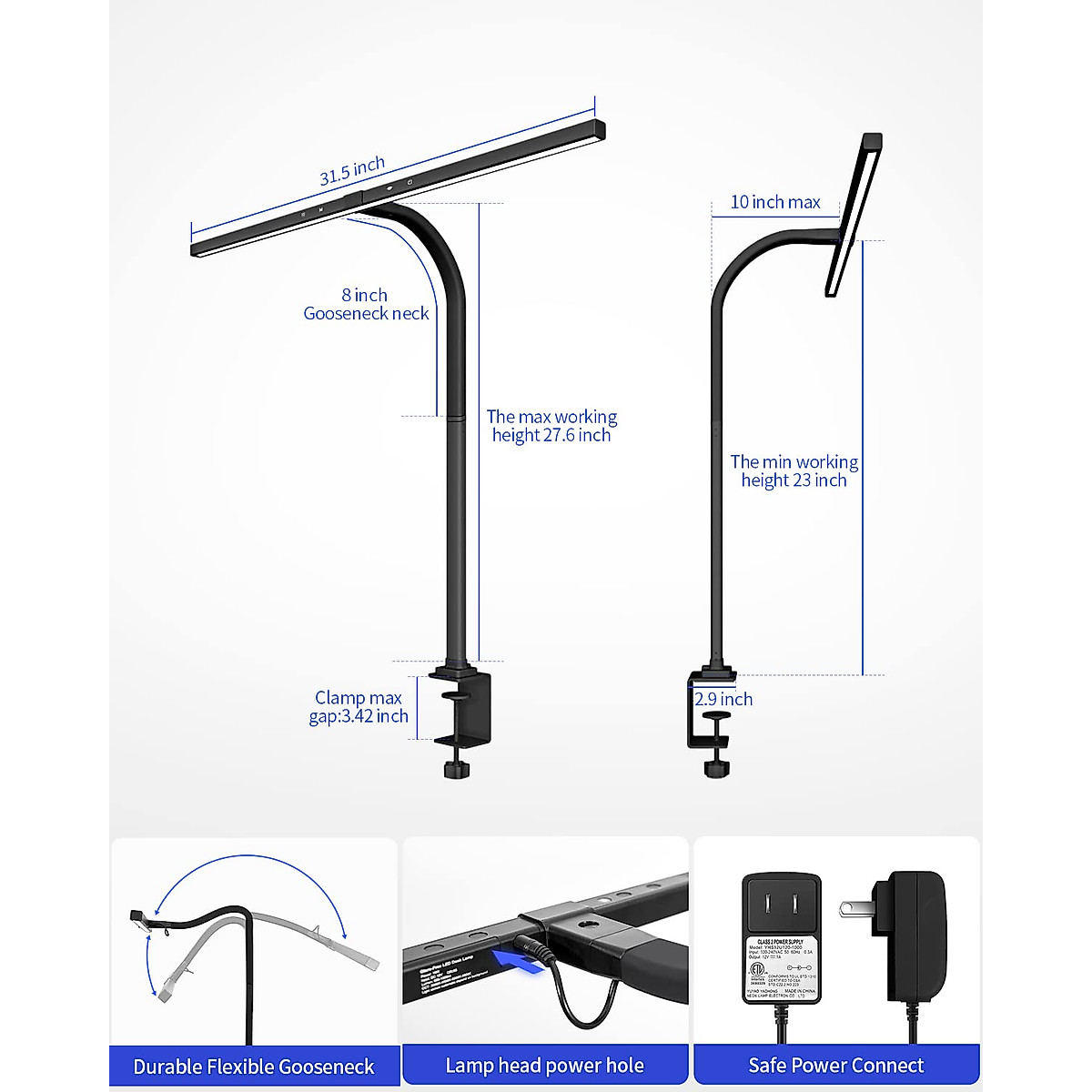 Desk Lamps for Home Office, 24W Extra Bright Architect Desk Lamp with Clamp, 31.5" Wide Modern Black Desk Lights with Auto Dimming Memory Function, Stepless Dimming task lamp for Workbench Monitor