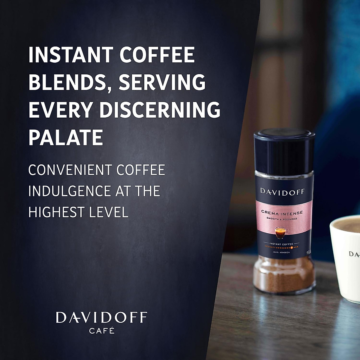 DAVIDOFF Crema Intense Instant Coffee - Smooth and Rounded - Full-body. Delicate Aroma and Elegant Acidity - 100% Arabica Beans - 9/12 Intensity. 10/12 Roasting. 4/12 Acidity - 1 x 3.17 oz