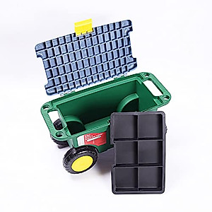 Garden Scooter Cart, Rolling Garden Cart with Seat, Lawn & Garden Storage Cart for Weeding & Planting, Gardening Storage Bin with Tool Tray & Rope, Green & Blue