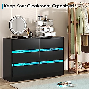 Gdvsclr 6 Drawer Double Dresser, Bedroom Dresser with LED Light, Wood Dresser for Nursery, Living Room, Hallway, Handless Design, 47.2''W×15.7''D×30.2''H (Black)