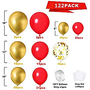 Red and Gold Balloons Garland Arch Kit, 122Pcs 18 12 10 5In Red Metallic Gold and Gold Confetti Balloons with Balloon Strip for Graduation Anniversary Wedding Bachelorette Birthday Party Decorations
