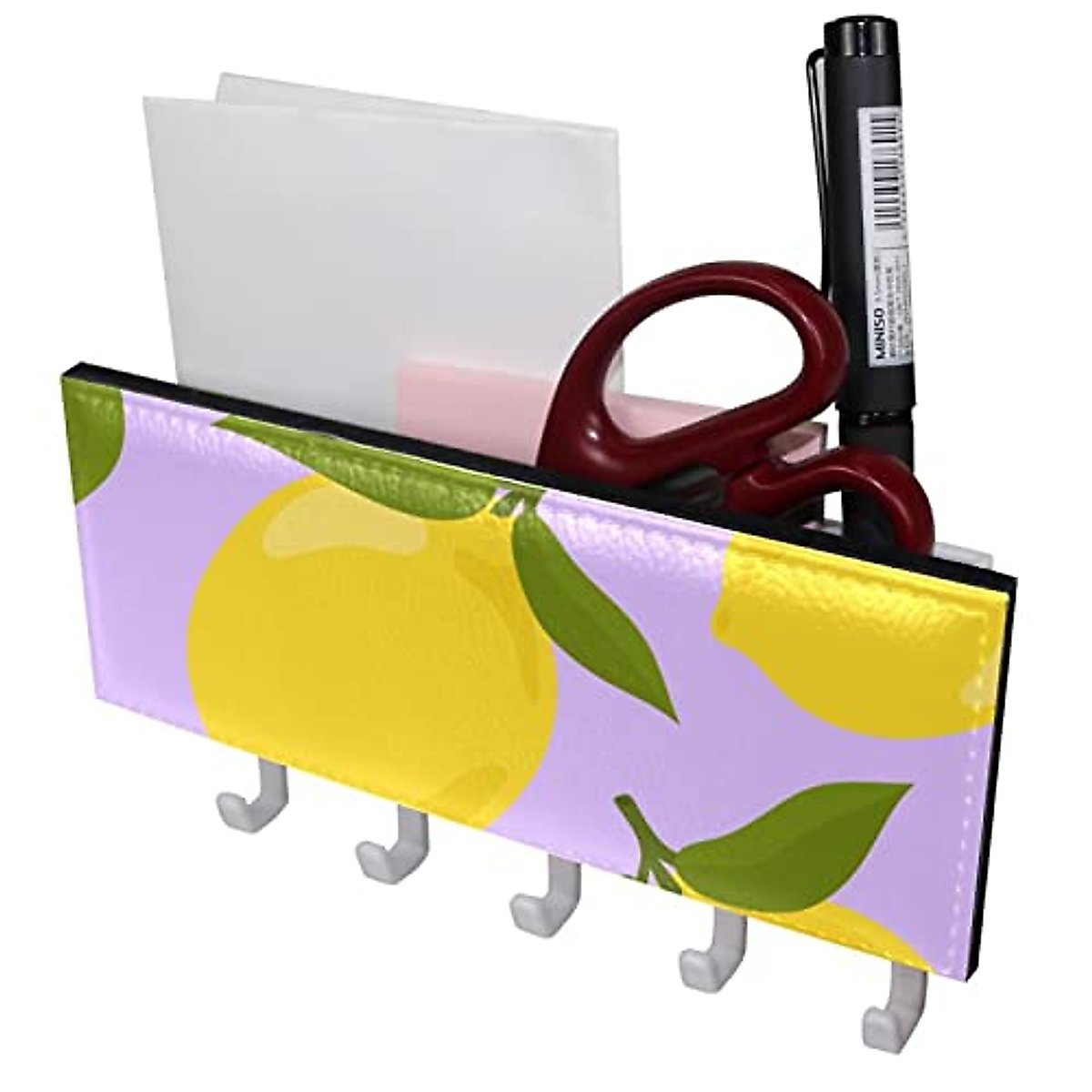 Colorful Hand Drawn Lemon Pattern Mail Holder Organizer and Key Hooks PU Front, Self Adhesive Key Rack with 5 Hooks Perfect for Entryway, Hallway，Bathroom ，Kitchen