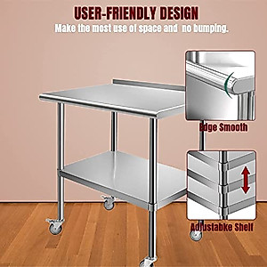 MYOYAY Commercial Stainless Steel Table with Caster Wheels 36"x24" Kitchen Worktables with Backsplashs Prep Food Workbench Under Shelf 330~550lbs Capacity for Restaurant