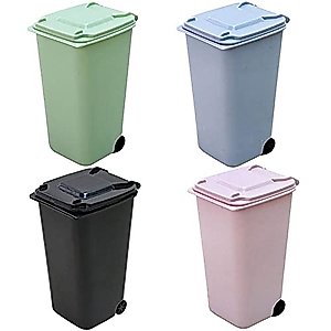 4Pcs Mini Trash Can Desktop Garbage Storage Bin Pen Holder Organizer Small Recycle Can Wastebasket with Lid Wheels for Home Office(Green Blue Pink Black)
