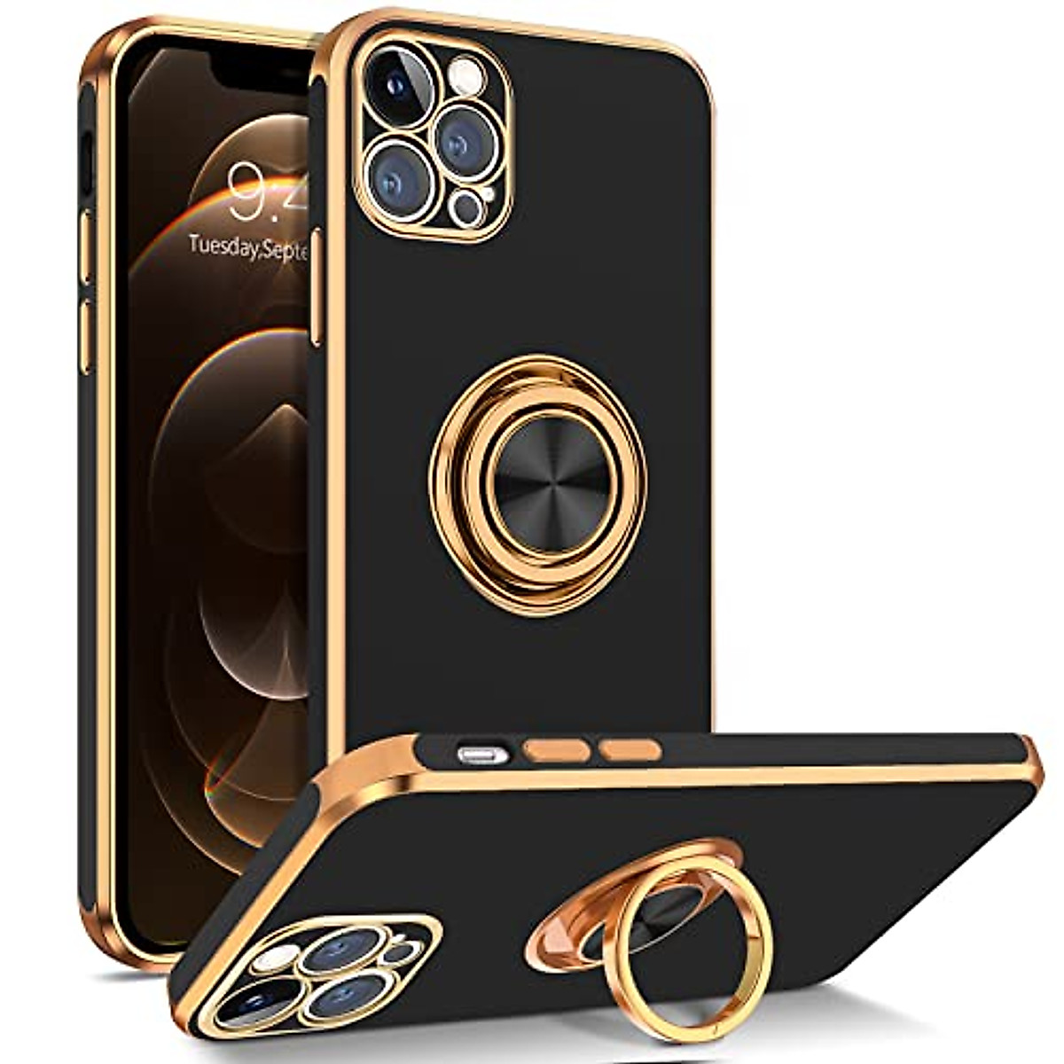 BENTOBEN Case for iPhone 12 Pro Max, iPhone 12 Pro Max Case with Ring Holder Rotation Kickstand Flexible TPU Bumper Shockproof Protective Women Girl Men Boy Phone Cover for iPhone 12 Pro Max, Black