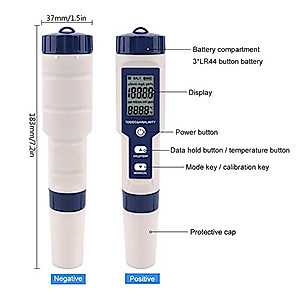 PH Meter, 5 in 1 Portable Digital PH Salinity Temp TDS EC Meter Multifunctional Water Quality Tester Detector for Garden, Home, Laboratory, Farm, Aquarium