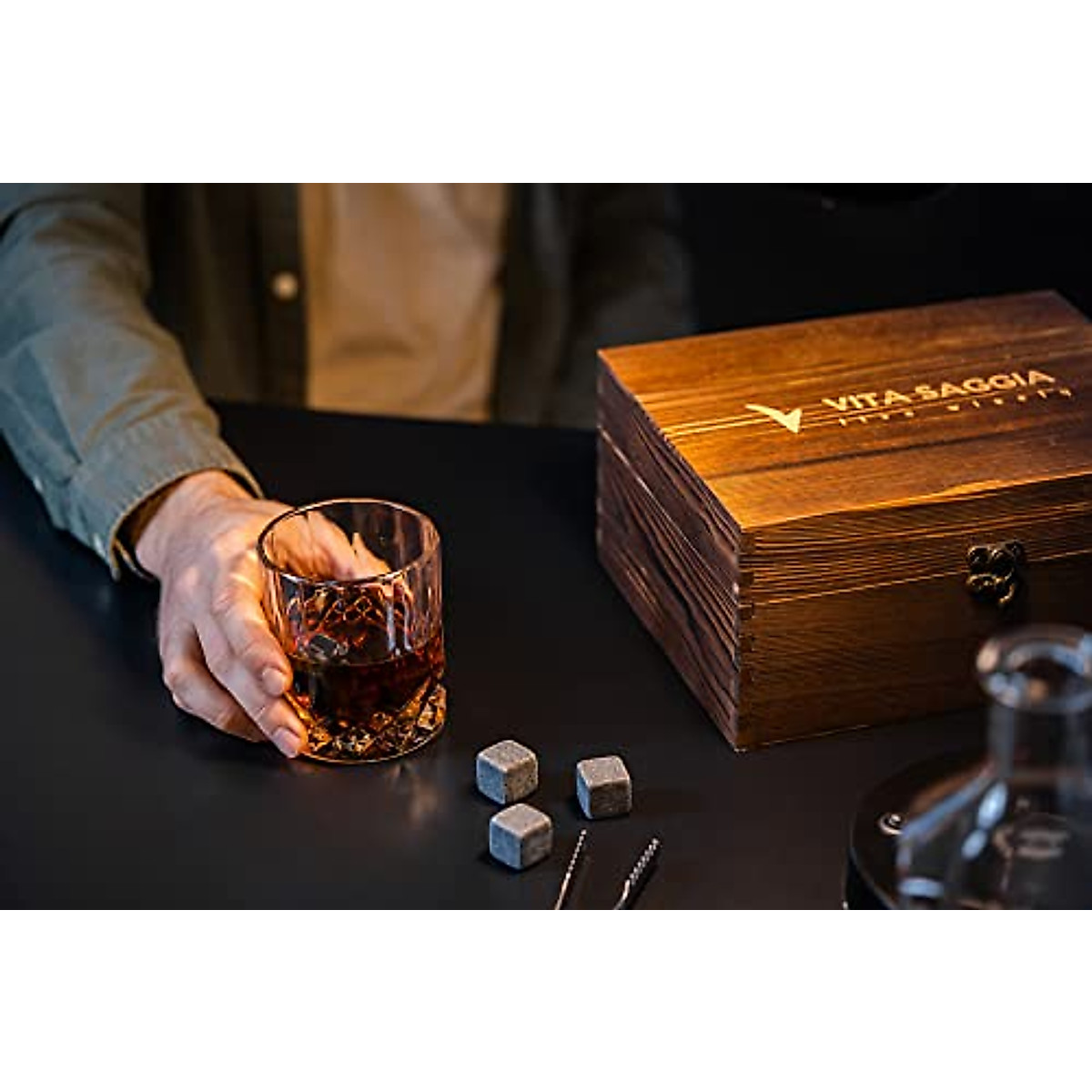 Luxury Whiskey Glass Set of 2, Gift Set in Wooden Box, Includes 8 Whiskey Ice Stones, Velvet Bag and Stainless Steel Tongs. Great Gift for Men, Dad, Christmas.. NO Coasters