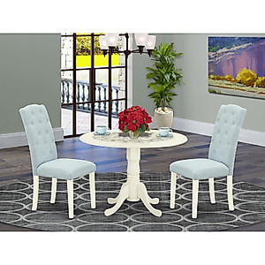 East West Furniture DLCE3-WHI-15 Dublin 3 Piece Set Contains a Round Dining Room Table with Dropleaf and 2 Baby Blue Fabric Upholstered Chairs, 42x42 Inch, Linen White