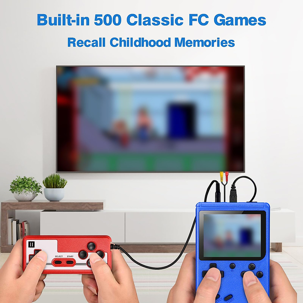 Avainaly Handheld Game Consoles, Retro Mini Game Player with 500 Classic FC Games, 2.8-Inch Color Screen Support for Connecting TV & Two Players, 1020 mAh Rechargeable Battery (Blue）