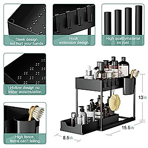 2Pcs Under Sink Organizers and Storage, Pull Out Cabinet Organizer 2-Tier Under Sliding Cabinet Basket Organizer Drawer with Hooks, Hanging Cup, Multi-purpose Storage Shelf for Bathroom Kitchen, Black