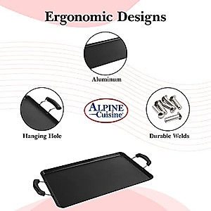 Alpine Cuisine Aluminum Griddle Pan 19x11in | Nonstick Coating & Heat Resistant | Gas Stove Griddle for Cookware with Double Handle - Ideal for BBQ & Serving Pancakes, Hand Wash - Gray