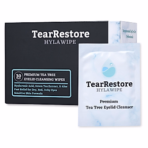 TearRestore Tea Tree HylaWipe Eyelid Wipes - 30 Count | Naturally Hydrating Cleanser | Blepharitis Treatment for Eyelids | Hypoallergenic Eye Wipes for Dry, Red, Itchy, Swollen and Irritated Eyes