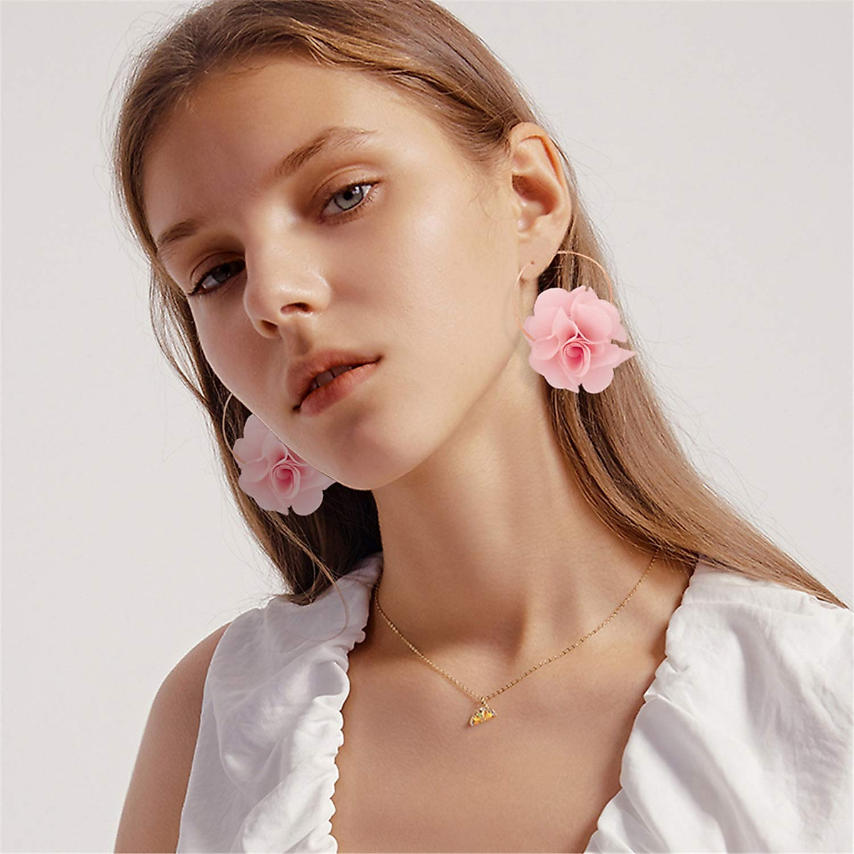 DAMLENG Lightweight Bohemian Big Fabric Flowers Dangle Drop Earrings Handmade Charm Chic Petal Hoop Earrings with Chiffon Floral Tassel for Women Vacation Wedding (Pink)