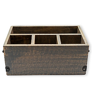 GoCraft 4 Compartment Flatware Caddy, Cutlery Utensil Holder, Silverware Condiment Organizer with Napkin Holder for Kitchen, Dining, Picnics, Grey Washed Mango Wood Caddy with Metal Handles