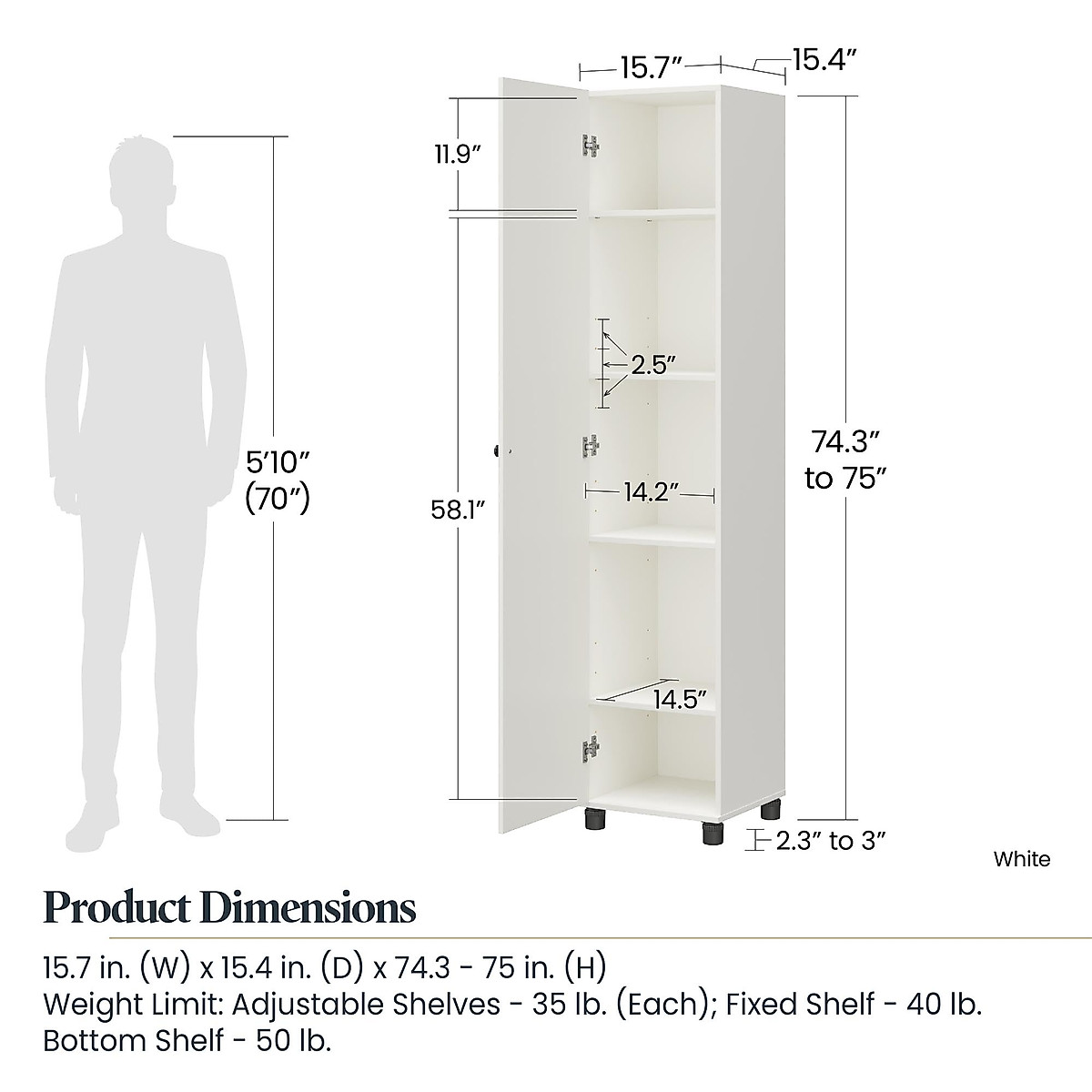 SystemBuild Evolution Kendall Fluted 16" Wide 1 Door Storage Cabinet, White