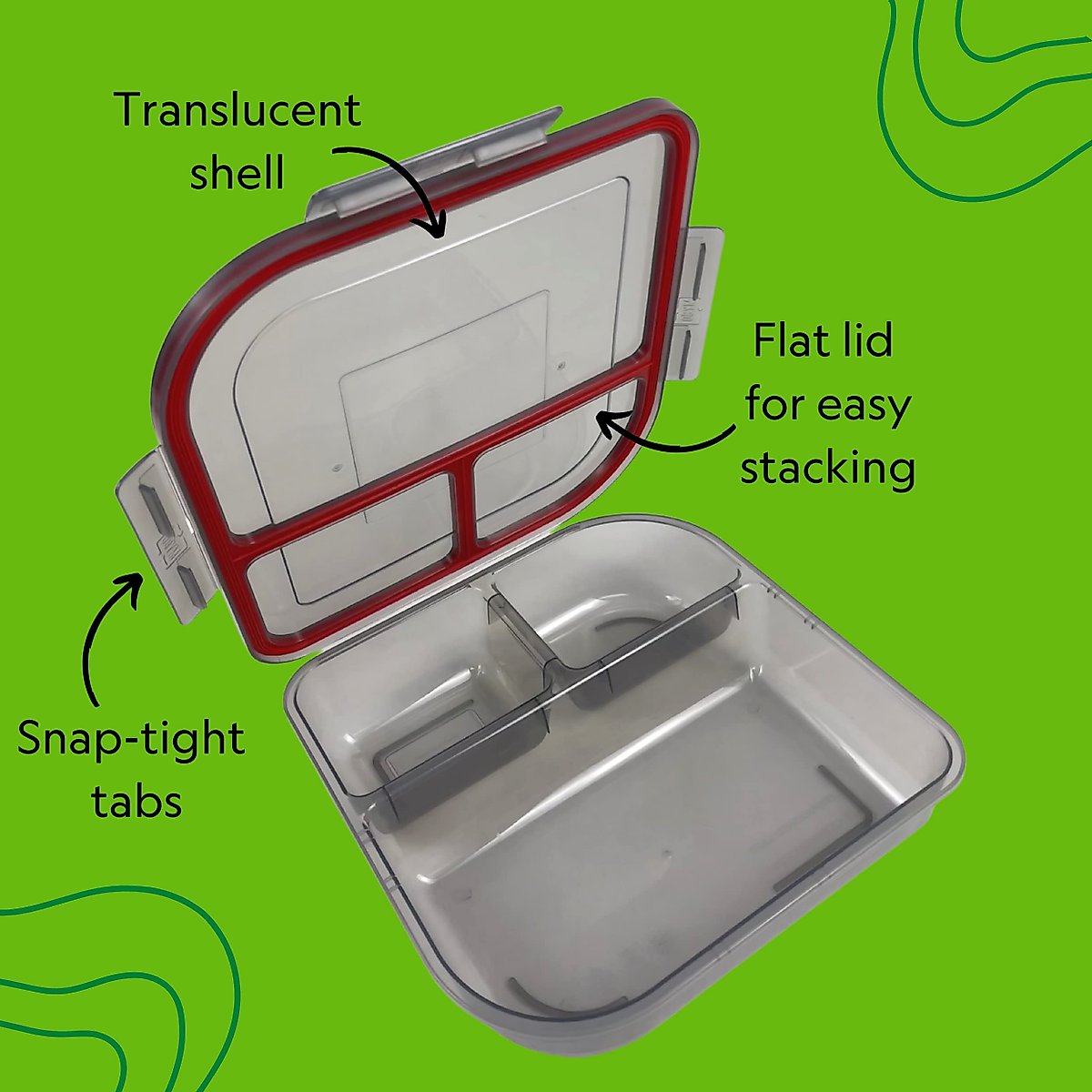 MyGo Container Large To-Go 3-Compartment Food Container, 9-3/8" X 9-3/8" X 2-1/2", Reusable, Microwave Safe, Smoke/Red