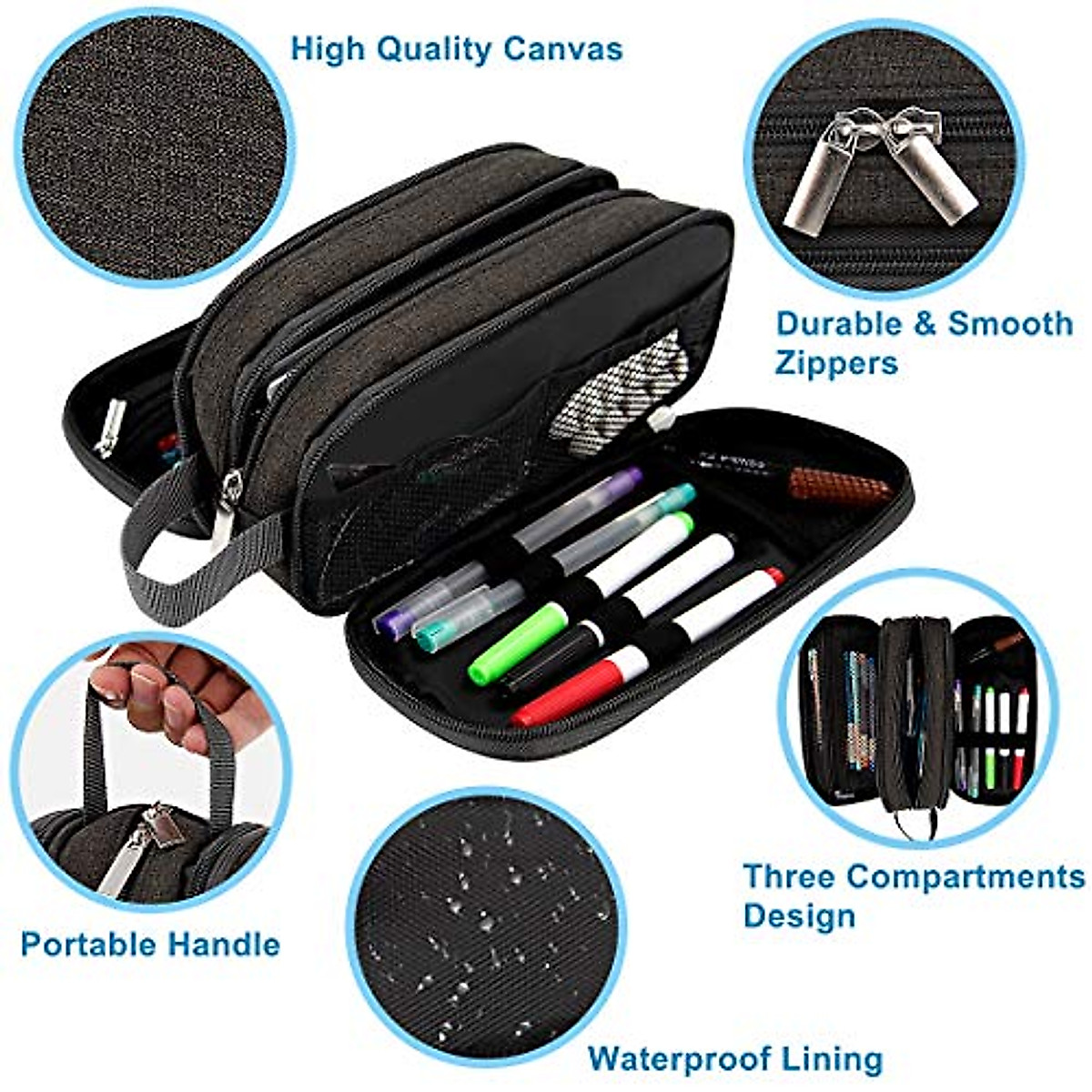 SIQUK Pencil Case Large Capacity Pencil Bag 3 Compartments Stationery Bag Case Marker Pen Holder Storage Organizer for Gilrs Boys and Adults