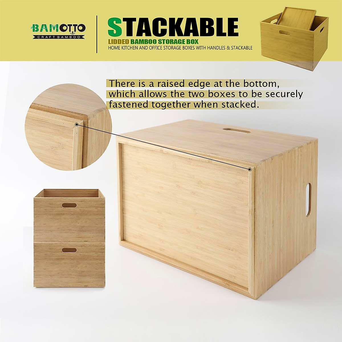 BAMOTTO Lidded Bamboo Storage Bins & Box/Cube/Basket, Home Kitchen and Office Storage Boxes with Handles & Stackable for Organizer Tableware, Crafts, Office Shelf Books, Large, 14.6”x10.2”x9.6”