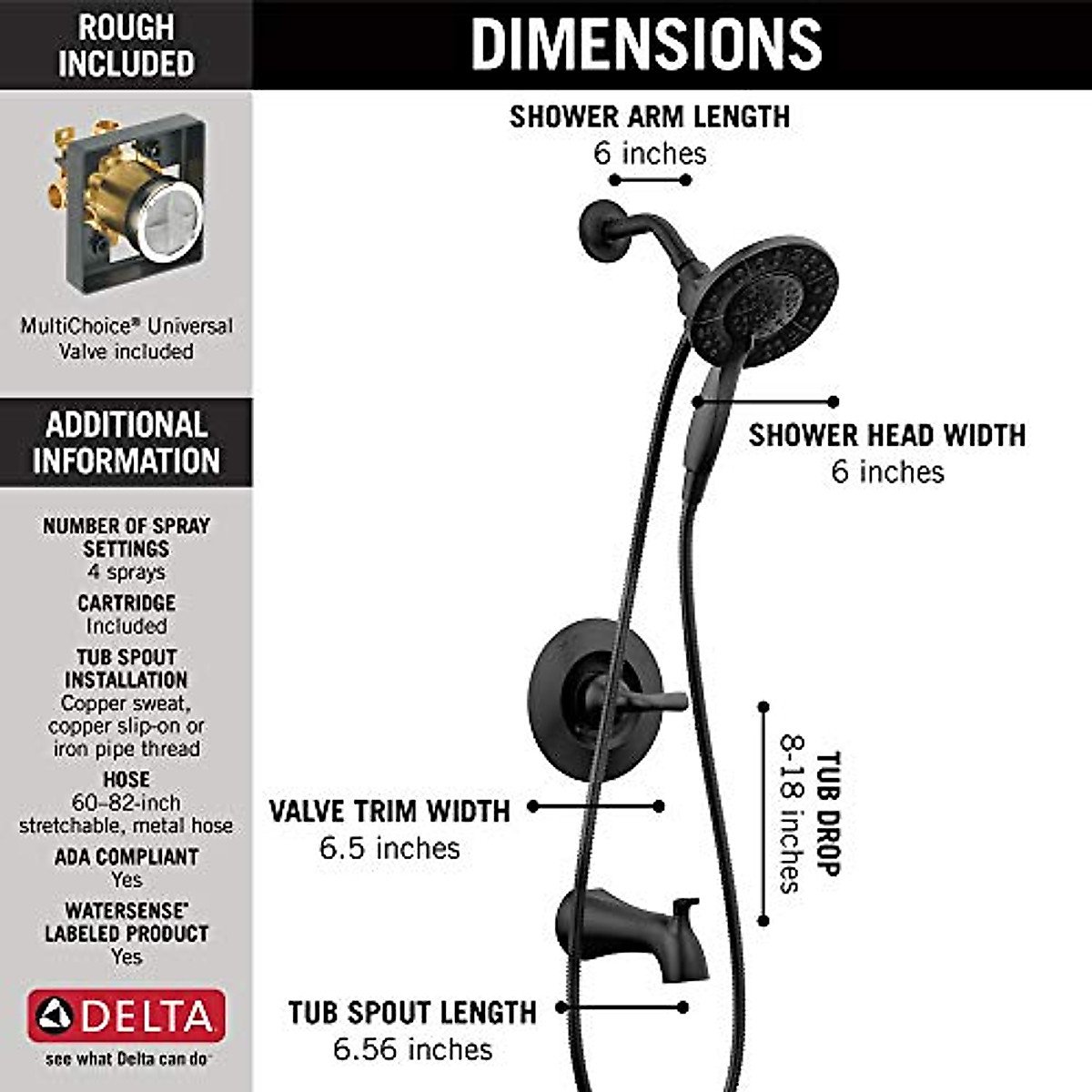 Delta Faucet Arvo 14 Series Single-Handle Tub and Shower Trim Kit, Shower Faucet with 4-Spray In2ition 2-in-1 Dual Hand Held Shower Head with Hose, Matte Black 144840-BL-I (Valve Included)