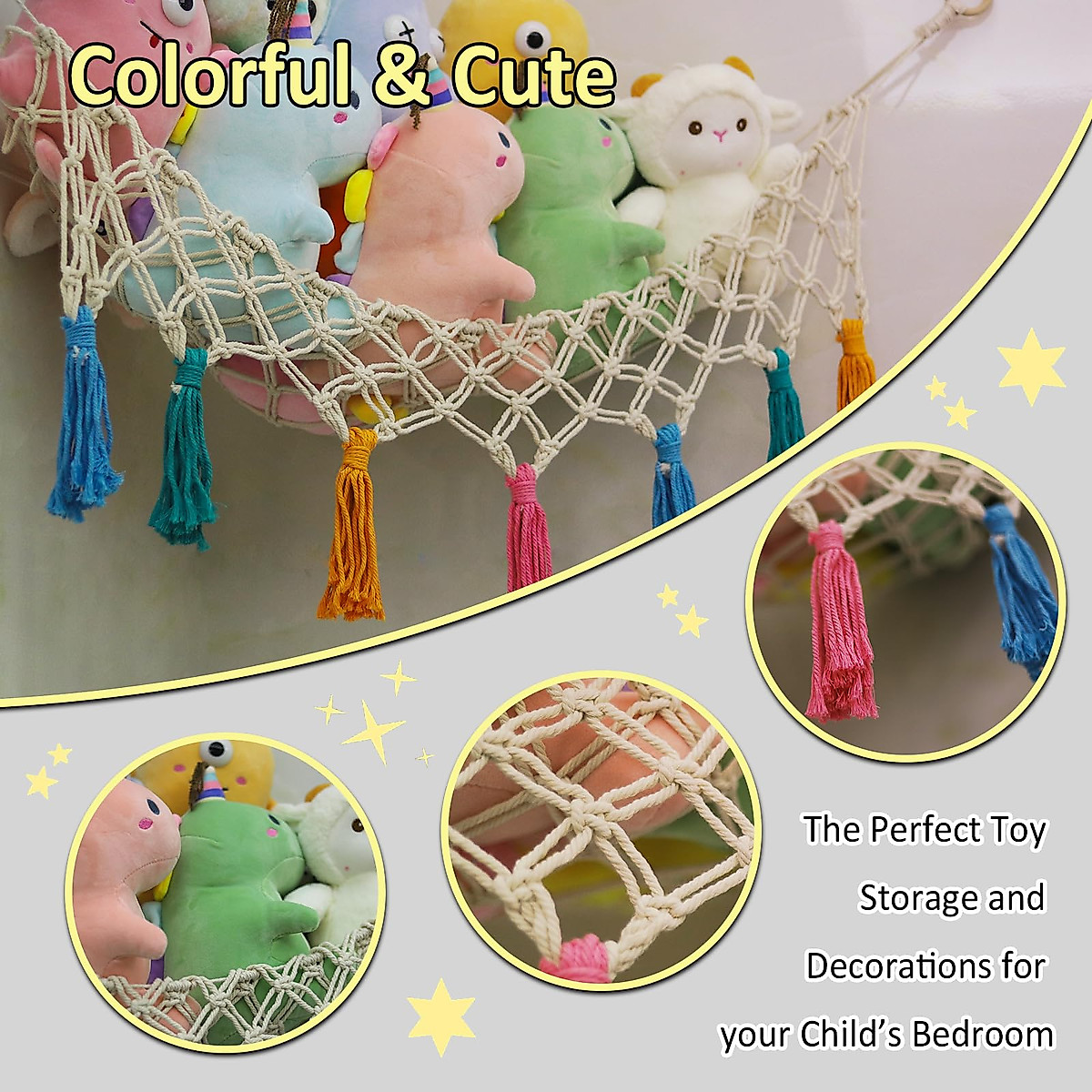 Stuffed Animal Net or Hammock, Macrame Boho Plush Toy Net Hammock for Stuffed Animals Pet Net, Stuffed Animals Corner Hanging Stuffed Animal Storage Holder Net for Kids Room Nursery Playroom