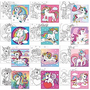 Sherr 12 Pcs Pre Printed Canvas Cute Canvas Painting Set for Kids Printed Canvas to Paint Canvas Set Theme Canvas Painting for Party Favor(8 x 8 Inch, Unicorn)