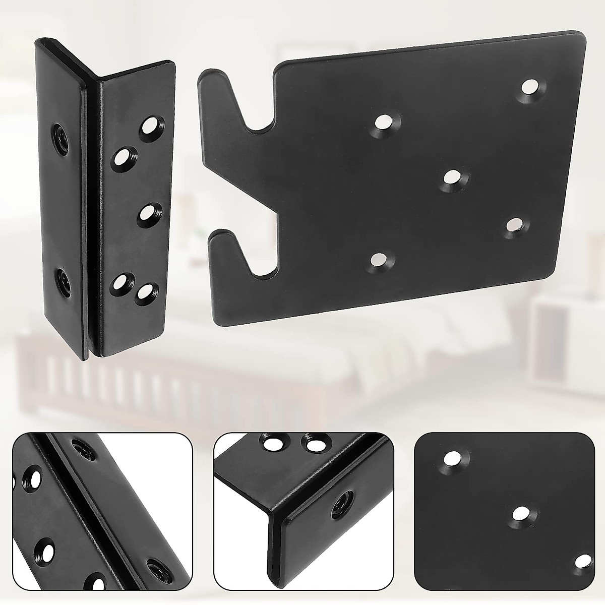 Biaungdo 2 Sets Bed Frame Bed Post Double Hook Slot Bracket, Metal 4.2" x 3.4" x 0.08" Heavy Duty Bed Rail Hooks Plates Bed Accessories for Wooden Bed Frame with Screws (Black)