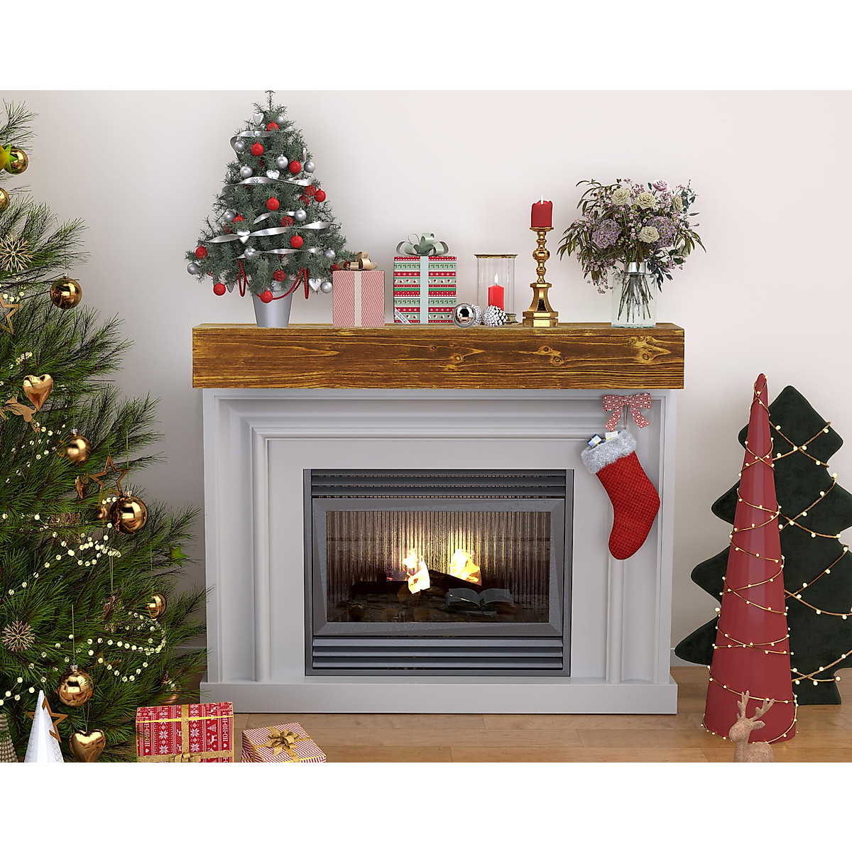 60" Rustic Wood Fireplace Mantel | Wall-Mounted & Floating Shelf for Home Decor