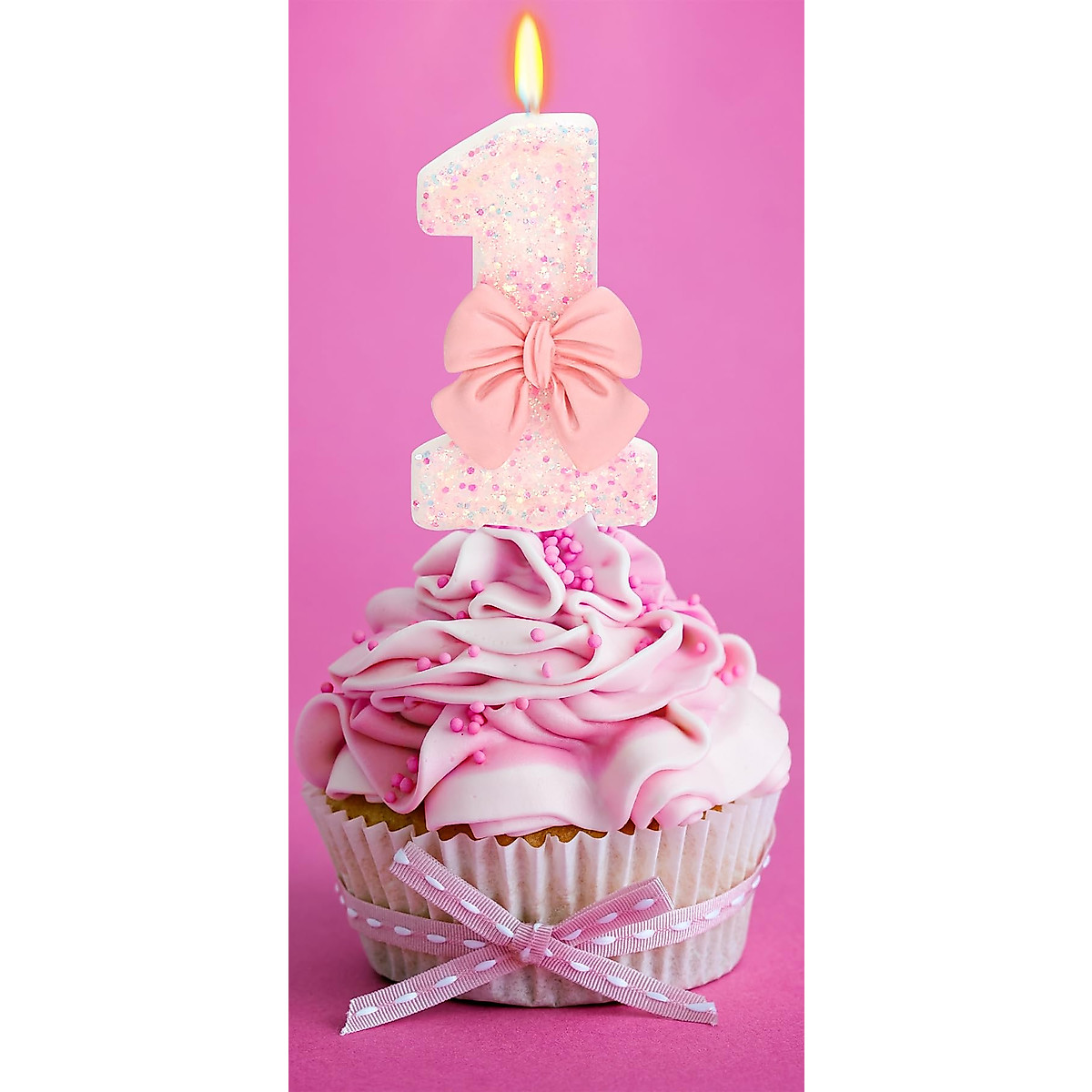 ElekFX Birthday Candle for Cake, 1 Candle - Pink Glitter with Bowknot, 2.76 inch Happy Birthday Candle, Cake Topper Decoration for 1 Year Old Birthday Party (Number 1)