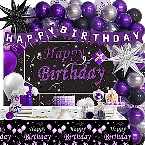 Black Purple Birthday Decorations for Women Girls Men, Purple and Silver Party Decorations Happy Birthday Backdrop Banner Confetti Star Silver Black Purple Balloons Arch Tablecloth Party Supplies
