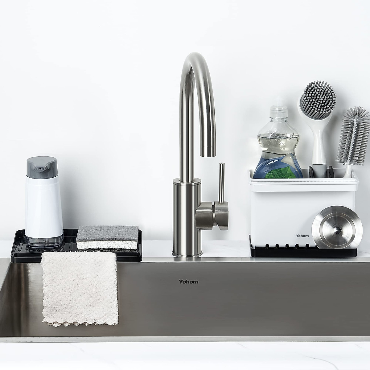 YOHOM Kitchen Sink Caddy Sponge Holder Organizer Brush Holder 2-in-1 Sinkware Caddy with Sink Drain Tray for Kitchen Dish Sponge Holder with 4 Adjustable Divider