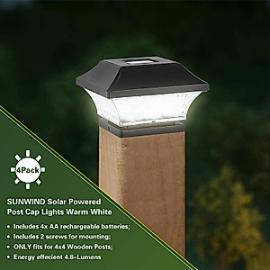 SUNWIND Solar Post Cap Lights Outdoor - 4 Pack LED Fence Lights for 4X4 & 5X5 Wooden Posts Warm White Waterproof for Deck, Patio or Garden Decoration (Black)