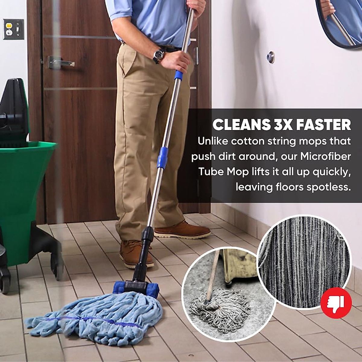 Commercial Mop Head Replacement – 2 Pack Blue Medium Microfiber Tube Mop | Industrial Wet Mops | Refill Heads, Machine Washable, Heavy Duty | Hardwood, Tile, Laminate, Vinyl Floors