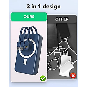 Wireless Portable Charger with Built in Cables,10000mAh Magnetic Power Bank Mini Battery Pack,4 Output 4 Input LED Display USB-C for iPhone 14/13/12/11/X Pro Max/Pro/Mini/Plus Android (Blue)