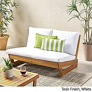 Great Deal Furniture Kaitlyn Outdoor Acacia Wood Loveseat with Cushions, Teak and White