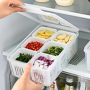 Generic 6 in 1 Scallion Storage Box for Fridge, Food Storing Containers with Lids, Washable & Detachable Drain Basket for Fruit Ginger Garlic Onion,, Translucent white, MLJW9825VBUX23NL7VH1