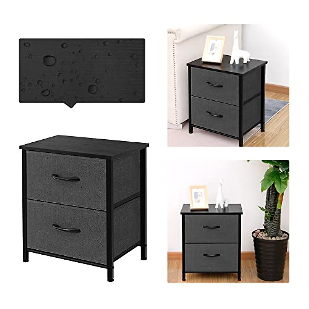 AZL1 Life Concept Storage Dresser End/Side Table Night Stand Furniture Unit - Small Standing Organizer for Bedroom, Office, Living Room, and Closet - 2 Drawer Removable Fabric Bins - Dark Grey