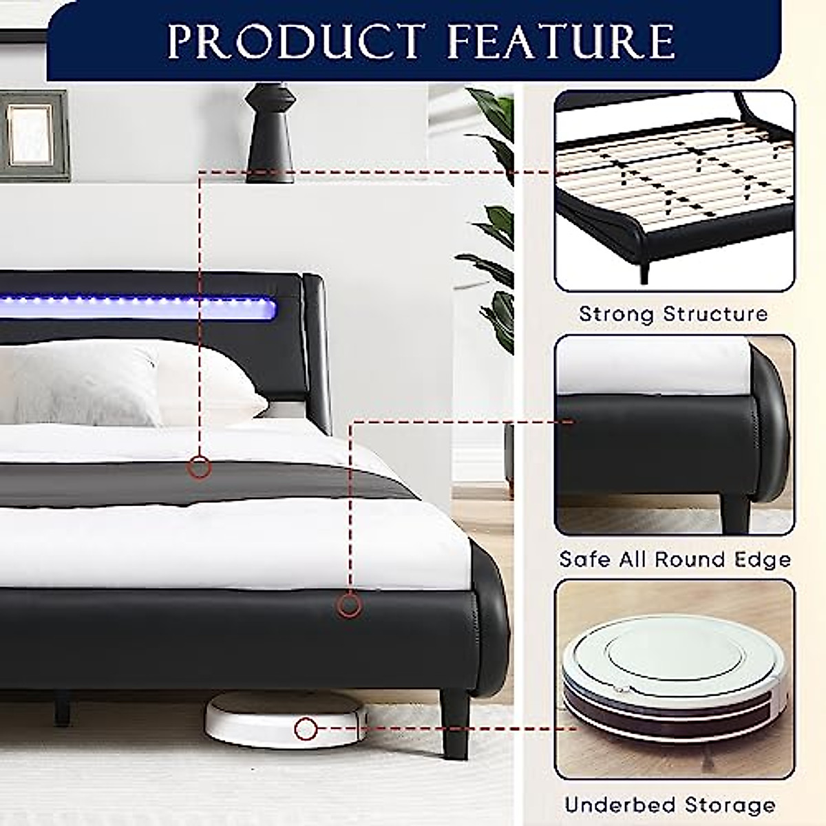 HAUSHECK King Size Upholstered Platform Bed, LED Bed Frame with Lights Headboard, Modern Faux Leather Bedframe No Spring Box Needed for Kids, Teen & Adults, King Beds with Strong Wood Slats Support