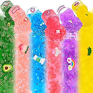 Clear Slime Kit 6 Pack, Premade Crunchy Slime Set DIY Birthday Slime Party Favors for Girls Boys 10-12, Non Sticky Jelly Cube Slime Cute Charms, Peach Cake Avocado Pineapple Crystal Clear Slime Kit