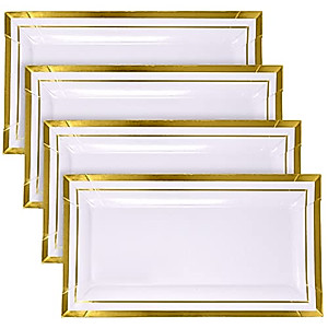 10 White Rectangle Trays with Gold Rim Border for Elegant Dessert Table Serving Parties 14" X 7.5" Heavy Duty Disposable Paper Cardboard for Platters Cupcake Display Birthday Party Weddings Food Safe