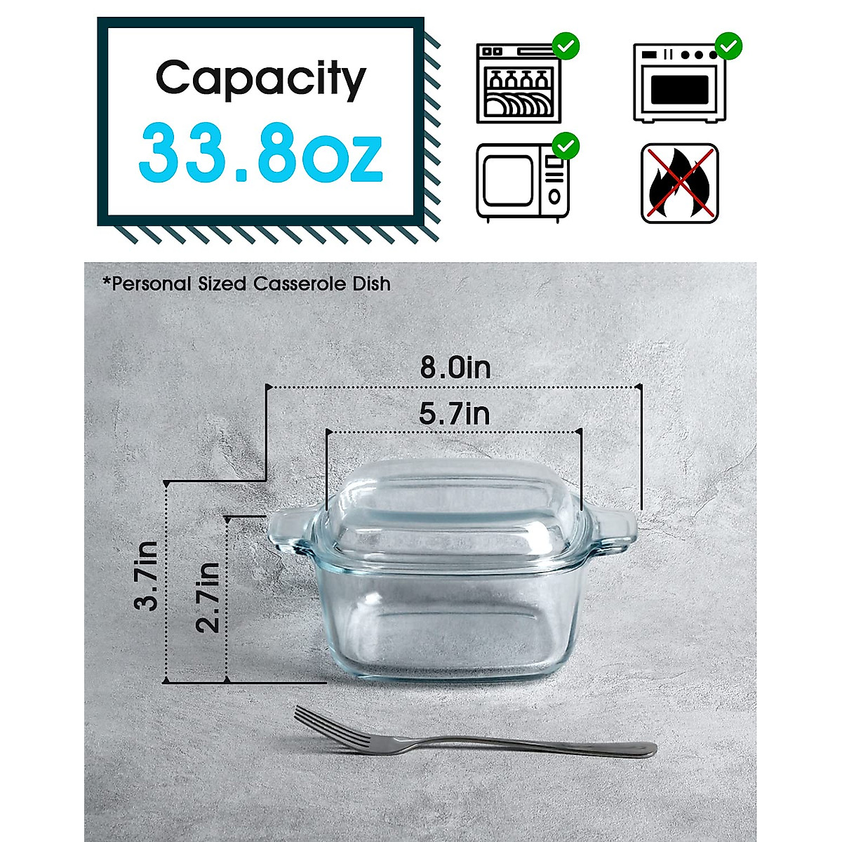 NUTRIUPS 1L Glass Casserole Dish for Oven with Lid Square Casserole Dish with Lid, Mini Glass Casserole Cookware Small Casserole Dish