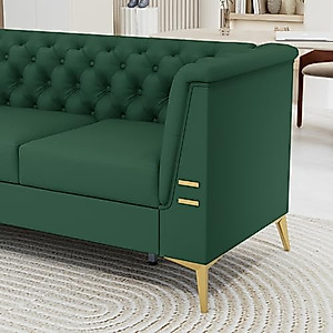 ERYE Mid-Century Modern PU Leather Button Upholstered Chesterfield 3 Seaters Sofa Couch, Golden Legs, Flared Padded Armrest,Removable Cushions Cover for Living Room,Bedroom,Office,Apartment