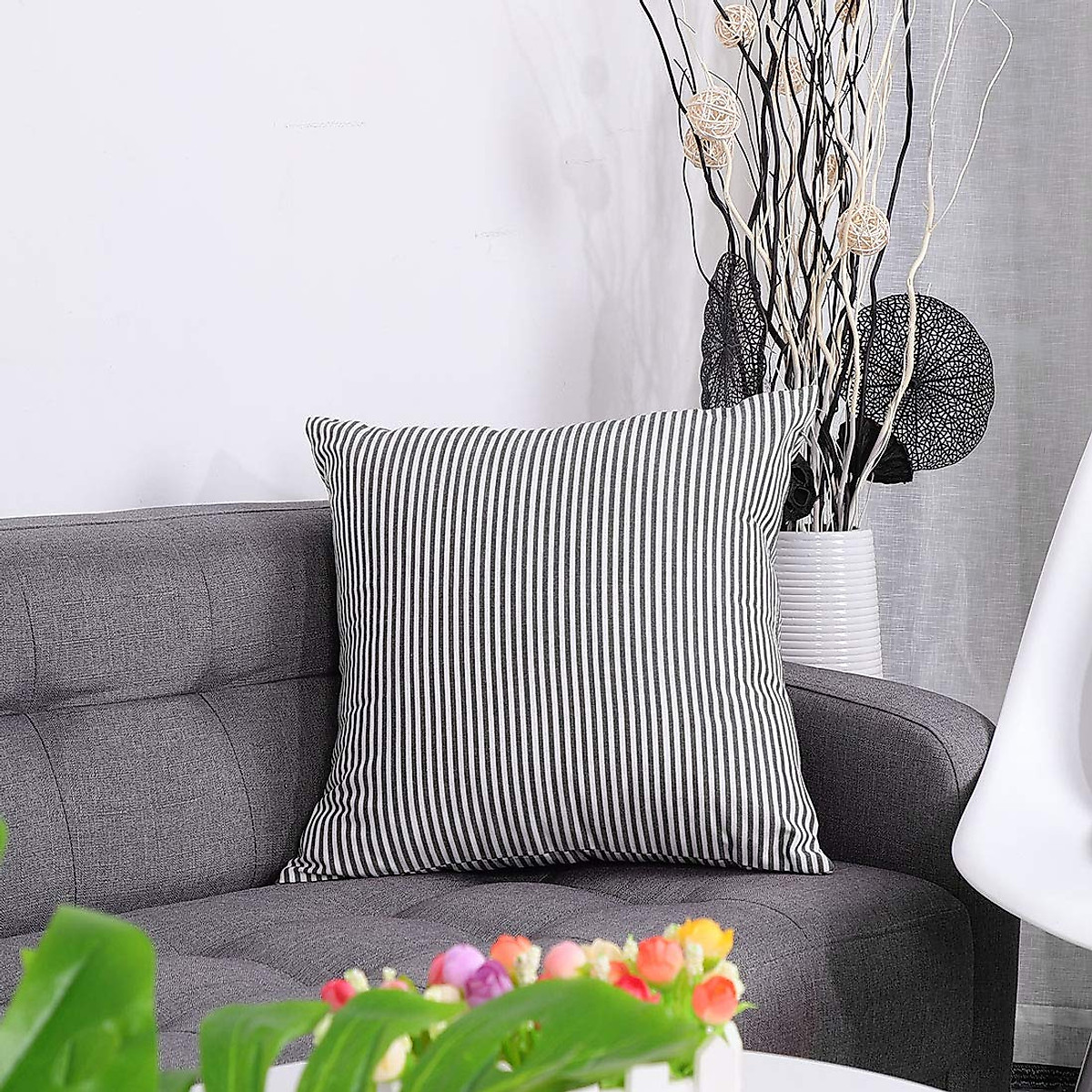 uxcell Woven Striped Throw Pillow Covers Decorative Square Farmhouse Cushion Covers for Sofa Bedroom Car Chair Black and White 18" x 18"