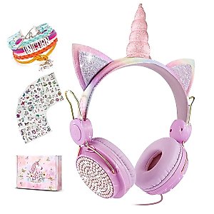 SVYHUOK Kids Headphones for Girls Children Teens,Cute Cat Ear Wired Headphones Microphone 3.5mm Jack, Over On Ear Headset for School Birthday Xmas Gift (Princess Pink)