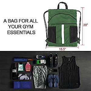 BeeGreen Dark Green Drawstring Backpack with Shoe Compartment X-Large Gym Sports String Cinch Backpack Athletic Sackpack with Front Inside Zipper Pockets